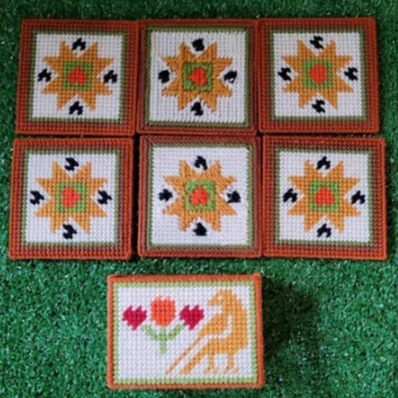 Hand Crafted | Dining | Vintage Needlepoint Coaster Set Holder Art ...
